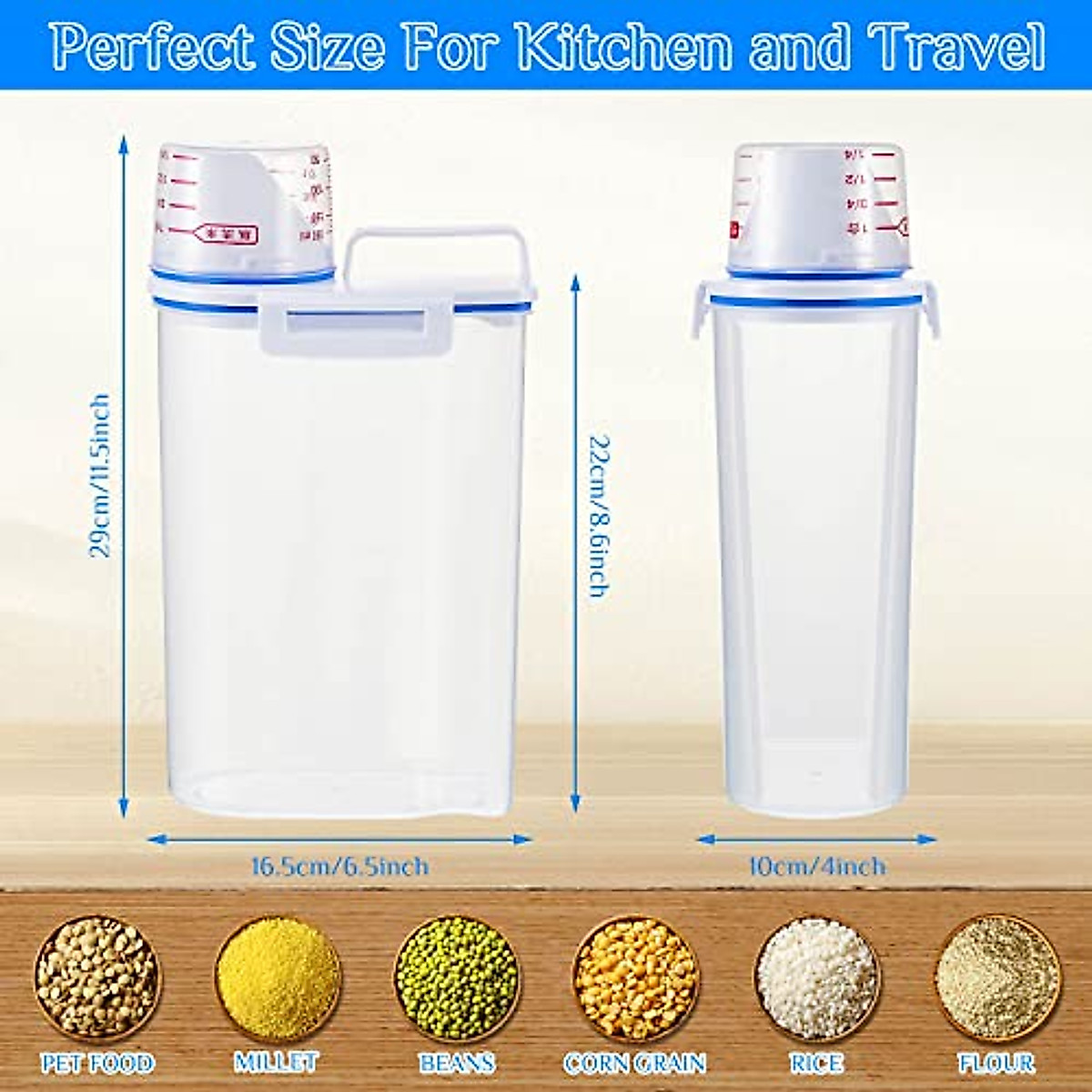 6 Pieces Rice Storage Barrel Rice Cereal Containers Dispenser Clear Kitchen Storage Bin with Pour Airtight Plastic Rice Holder Saver with Seal Buckles Measuring Cup for Cooker Flour