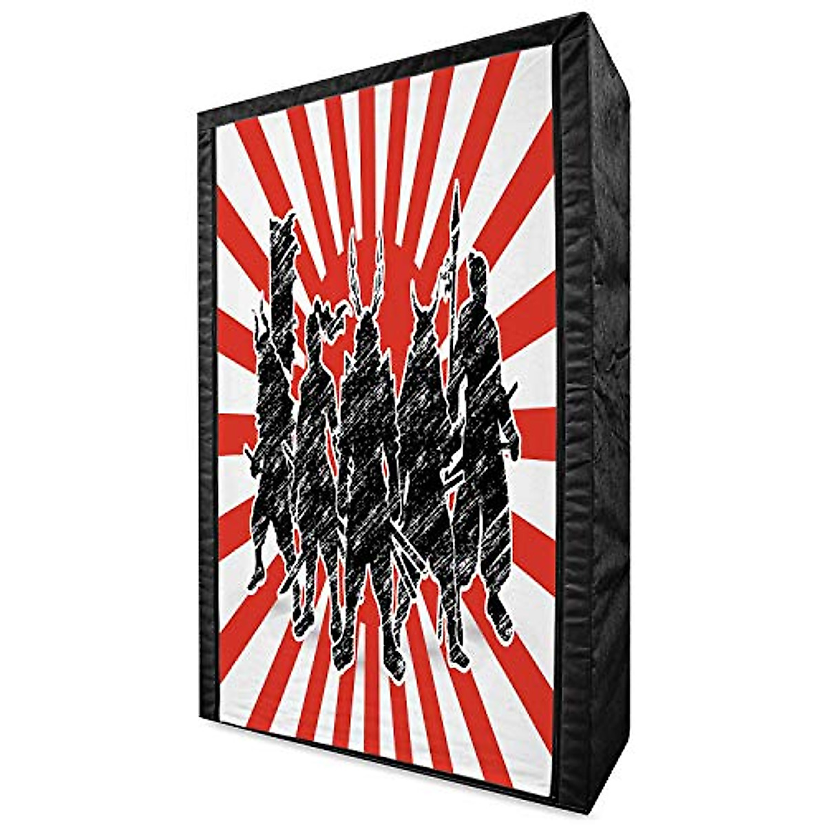 Ambesonne Japanese Portable Fabric Wardrobe, Group of Samurai Ninja Posing and Getting Ready on Unusual Striped Retro Backdrop, Clothing Organizer and Storage Closet with Shelves, 42.5", Red Black