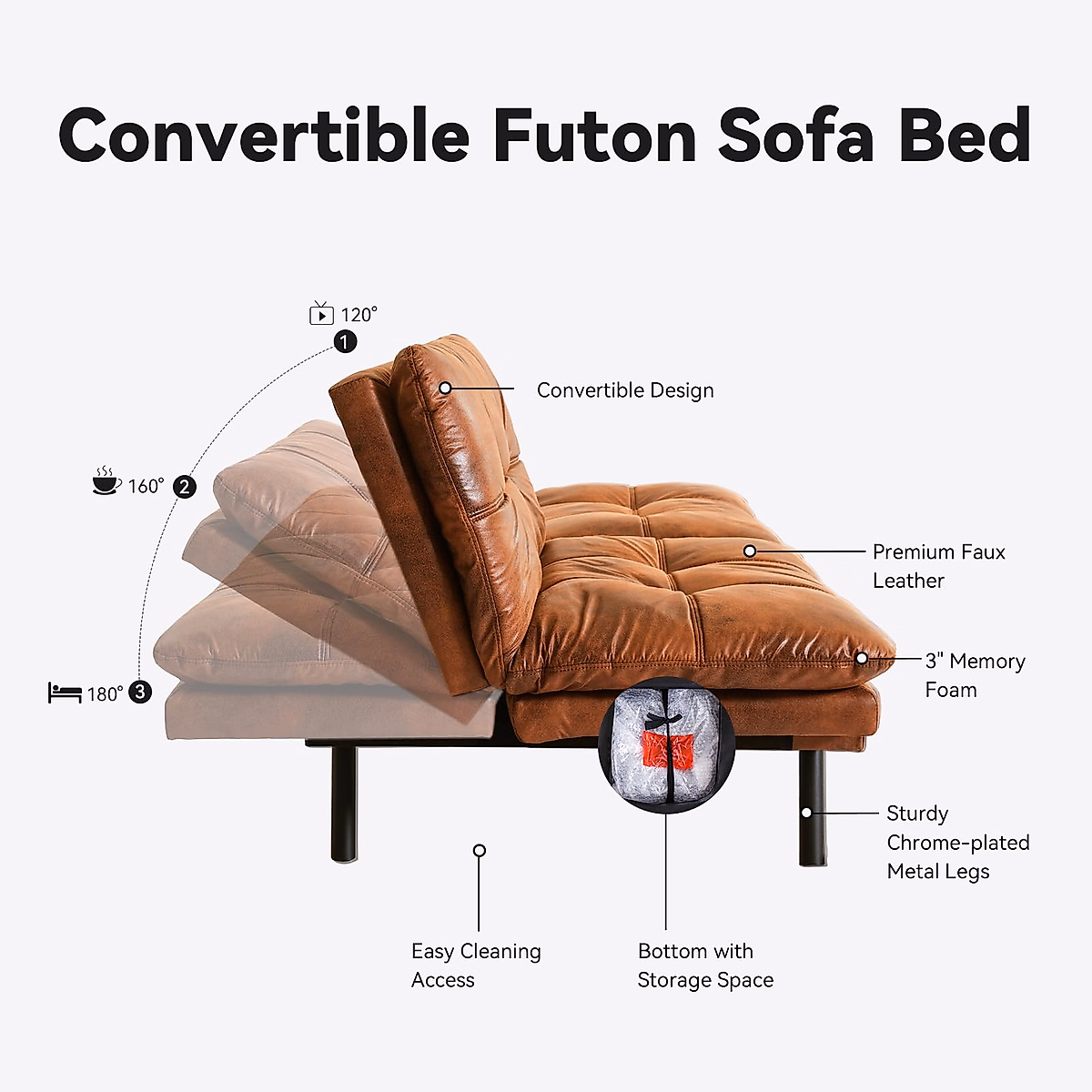Hcore Convertible Futon Sofa Couch,3” Memory Foam Splitback Sofa,Brown Faux Leather Memory Foam Loveseat,Small Euro Lounger Sofa for Compact Living Spaces,Apartment,Studio,Office/Cushion Thickening