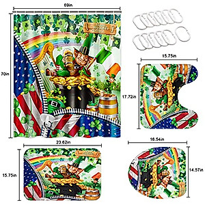 4 Pcs Happy St.Patrick's Day Shower Curtain Sets with Non-Slip Rugs, Toilet Lid Cover and Bath Mat, Gnome with Shamrock Shower Curtain with 12 Hooks, Waterproof Irish Bathroom Set for St. Patty's Day