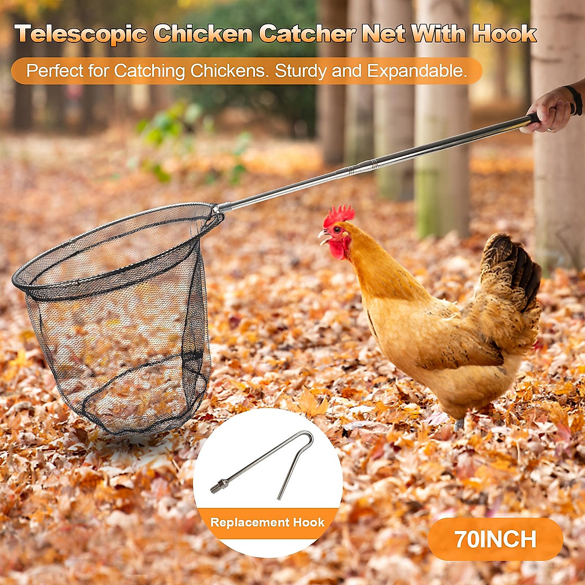Animal Catch Net Pole Trap Tool Chicken Catcher Leg Hook Catching Kit Animal Control Capture Pole Cat Bird Poultry and Small Animals Trapping Net
