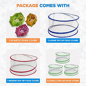 XQUZITE Pop Up Mesh Food Covers - Collapsible Pop Up Food Cover Set for Camping, Picnic and Outdoors - Complete with Plastic Food Cover Wraps