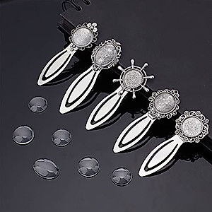 NBEADS 20 Pcs 10 Sets Bookmark Makings Sets, 10 PCS Tibetan Style Bookmark Cabochon Trays and 10 PCS Transparent Glass Dome Cabochons for DIY Bookmark Making, Antique Silver