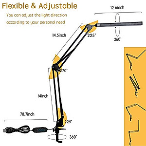 LED Desk Lamp, Adjustable Swing Arm Lamp with Clamp, Eye-Caring Reading Desk Light, 10 Brightness Levels, 3 Lighting Modes, Memory Function Desk Lamps for Home Office with Adapter (Black)