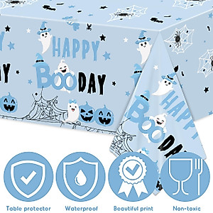 PATIAI 3 Pack Halloween Happy Boo Day Tablecloths Blue Halloween Pumpkin Ghost Rectangular Plastic Table Cover for Halloween Baby Shower Birthday Party Decorations(71 x 43 Inches)