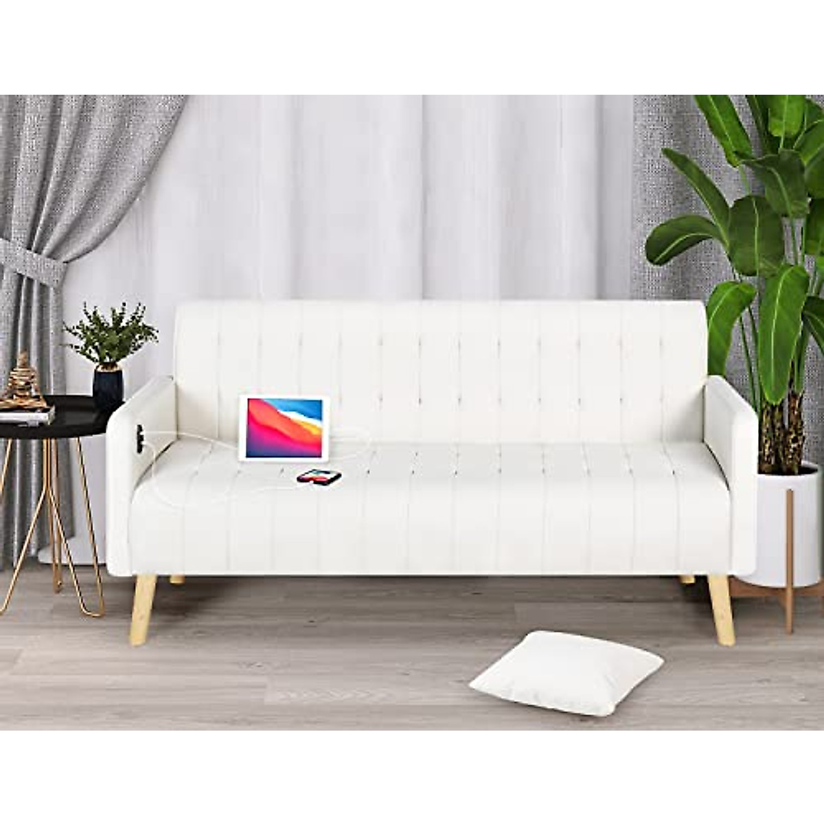 TYBOATLE 57“ W Mid-Century Striped PU Leather Loveseat Sofa w/ 2 USB Charging Ports, Modern Love Seats Couch w/Pillow for Small Space, Living Room, Office, Apartment, Dorm (White)