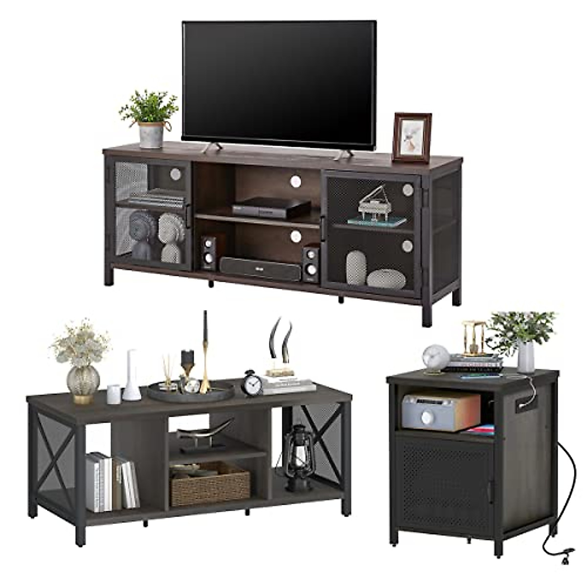 FATORRI Industrial TV Stand, Coffee Table and End Table with Charging Station for Living Room (Walnut Brown)