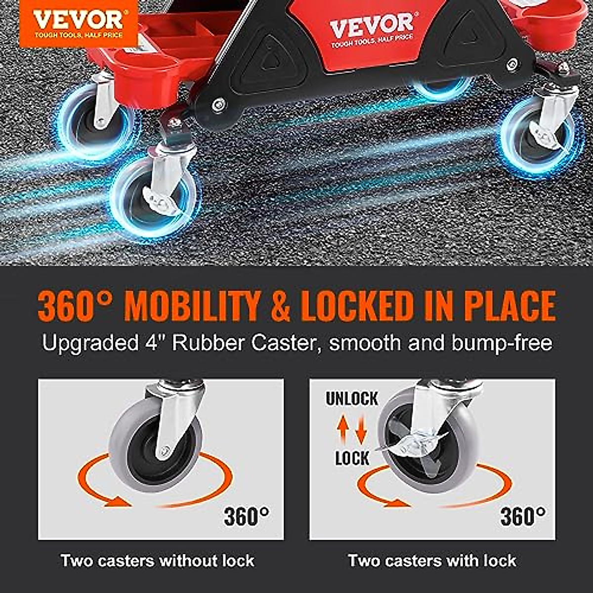 VEVOR Mechanic Stool 300 LBS Capacity Garage Stool Gift for Men, Heavy Duty Rolling Mechanics Seat, with Three Slide Out Tool Trays and Drawer, Tools for Automotive Auto Repair