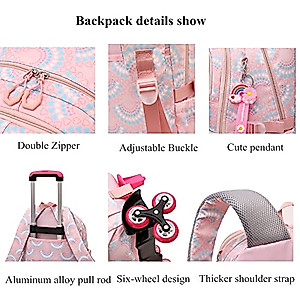 Mfikaryi 3PCS Girls Rolling Backpack Elementary Student Schoolbag Travel Trolley Bag Wheeled Bookbag with Lunch Box