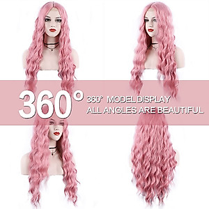 Pink Wig 28 Inches Long Pink Wavy Wigs For Women Synthetic Hair Replacement Wigs Light Pink Wig Halloween Cosplay Daily Party Heat-Resistant Fiber Wig (Pink (673HT))