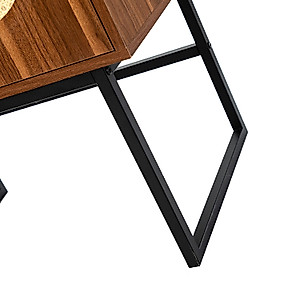 Voohek High 2 Rattan Doors, Interior Shelves and Black Metal Base, Sideboard w/Simulated Wood Patterns & Retro Knobs Elements On Surface Storage Cabinet, Walnut