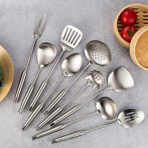 304 Stainless Steel Kitchen Utensils Set, Standcn 9 PCS Metal Cooking Tools Set with Meat Fork, Solid Spoon, Slotted Spoon, Spatula, Ladle, Skimmer, Slotted Spatula, Spaghetti Server, Large Spoon