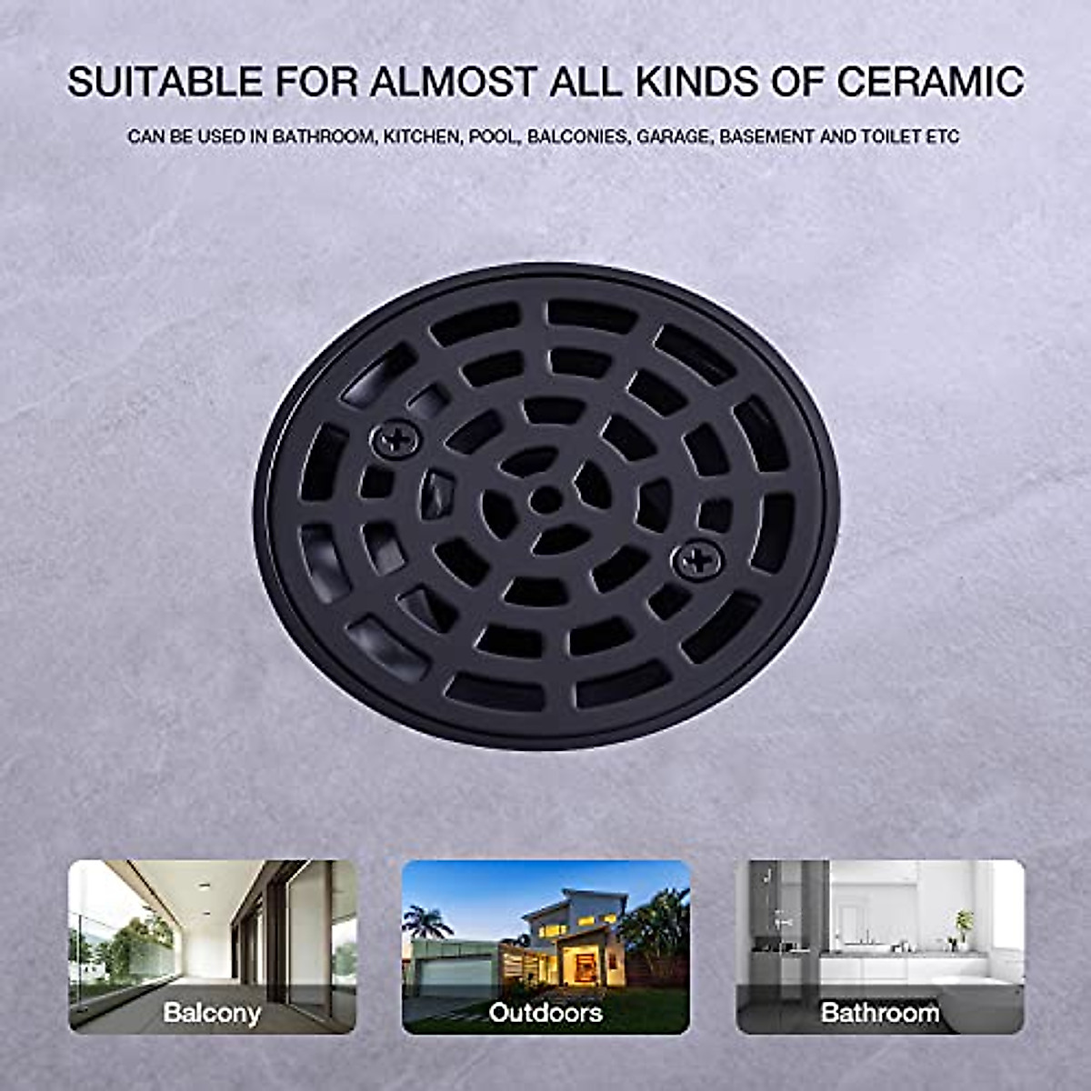 4 1/4 Inch Round Shower Floor Drain Grate with Adjustable Threaded Drain Base Flange, Matte Black
