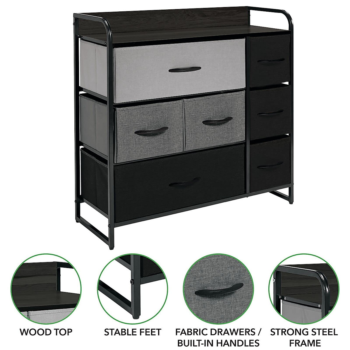 mDesign 30.9" High Steel Frame/Wood Top Storage Dresser Furniture Unit with 7 Removable Fabric Drawers - Large Bureau Organizer for Bedroom, Living Room, Closet - Gray/Multi-Color/Black