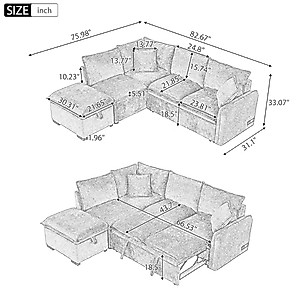 FANYE L-Shaped Corner Chenille Upholstered Sleeper Sectional Sofa Practical Convertible Sleep Sofabed W/Pull Out Sleep Couch Bed, Storage Ottoman and USB Charge Ports for Living Room