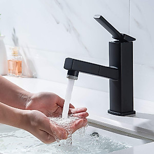 KAIYING Pull Down Bathroom Sink Faucet, Modern Lavatory Vessel Sink Faucet, Utility Single Hole Bathroom Sink Faucet with Pull Out Sprayer, Commercial Basin Mixer Tap (Regular, Black)
