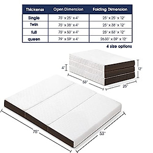 BedLuxury 4 Inch Tri Folding Mattress Full Size with Storage Bag, Foldable Memory Foam Topper Portable Floor Guest Bed with Removable Bamboo Cover, Breathable Washable