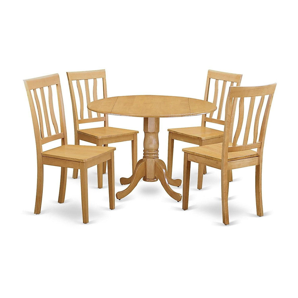 East West Furniture DLAN5-OAK-W 5 Piece Kitchen Table Set for 4 Includes a Round Dining Room Table with Dropleaf and 4 Solid Wood Seat Chairs, 42x42 Inch, Oak