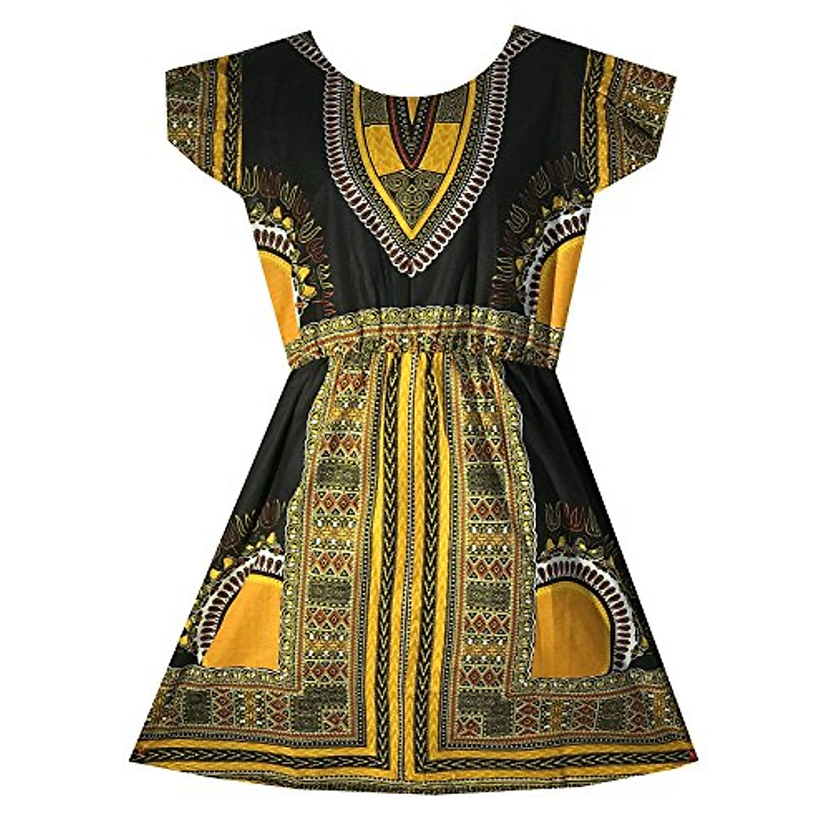 Decoraapparel Girls Dashiki Caftan African Short Baby Doll Dress Above Knee Length (X-Large, Black Yellow)