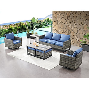 HUMMUH 3-Piece Patio Swivel Chairs,PE Wicker Outdoor Rocking Chairs Bistro Set with Side Table Porch Balcony Furniture with Cushions