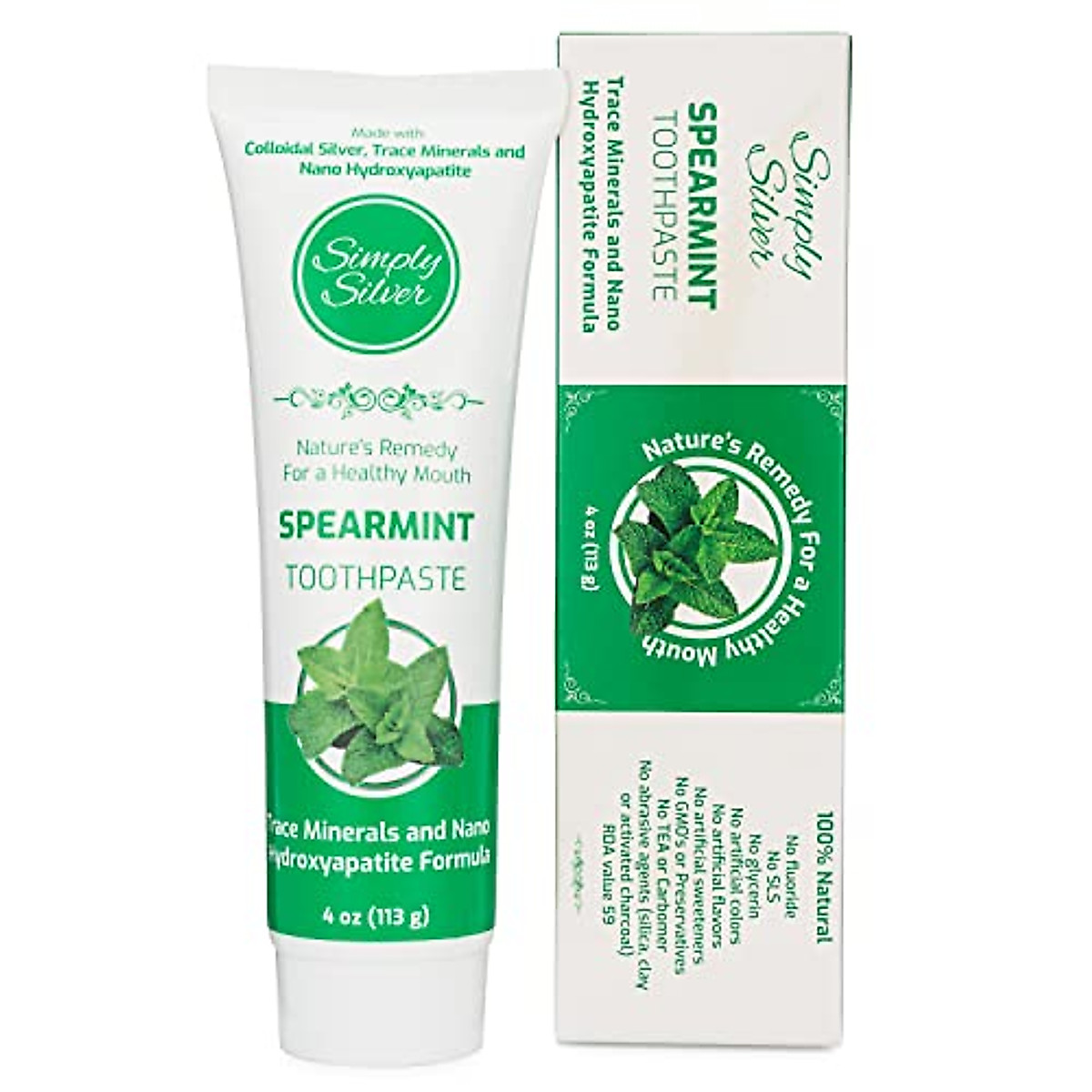 Simply Silver Toothpaste Spearmint - Nano Hydroxyapatite Formula, All Natural Colloidal Silver Toothpaste, Fluoride Free, Sensitive Teeth, Whitening, 4 oz