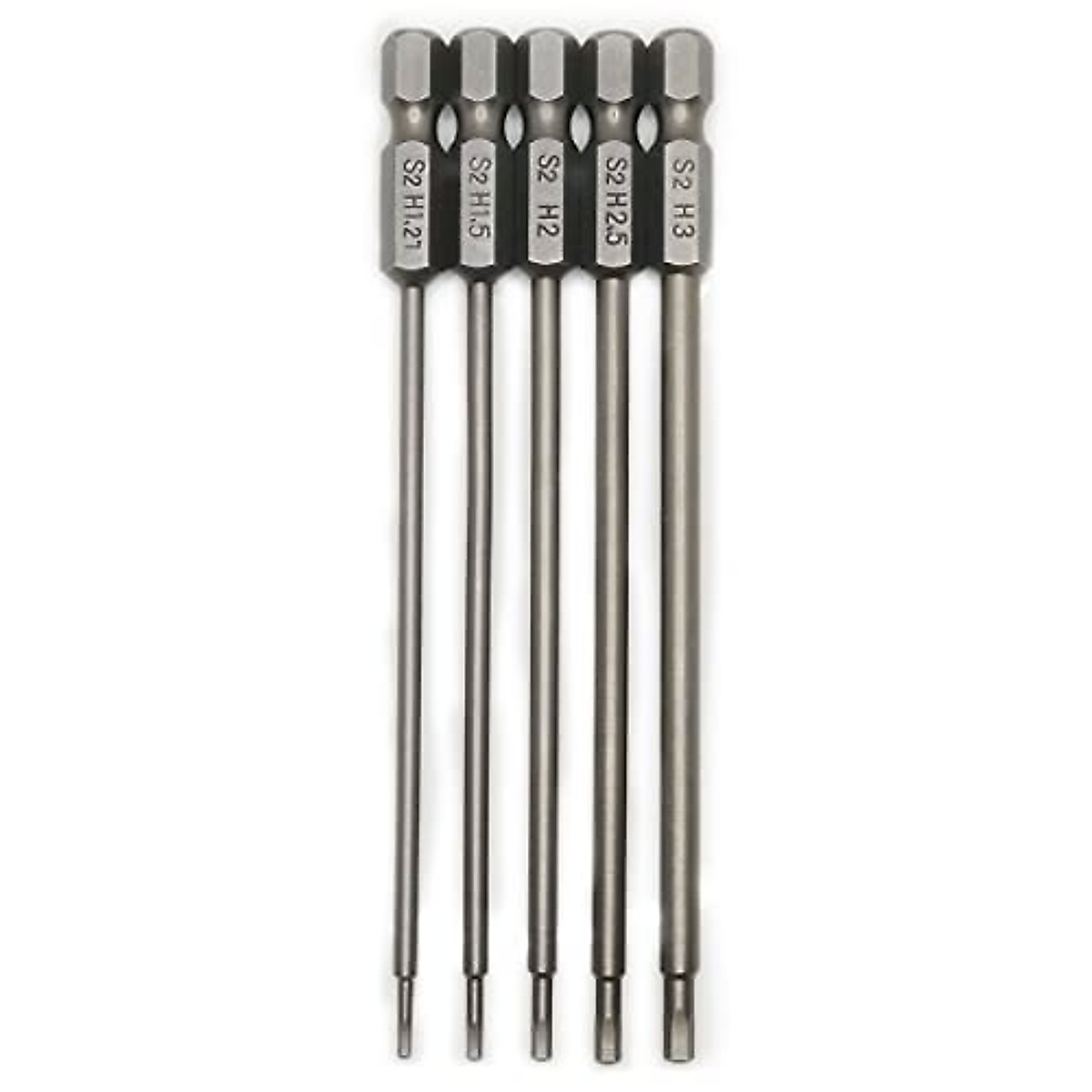 VICRAZEE 1.27 1.5 2.0 2.5 3.0mm Hex Head Allen Wrench Drill Bit Set S2 Steel 1/4" Hex Shank 4.3" Long for Electric Screwgun/Power Drill RC Hobby Tools Kit (5-Pack)