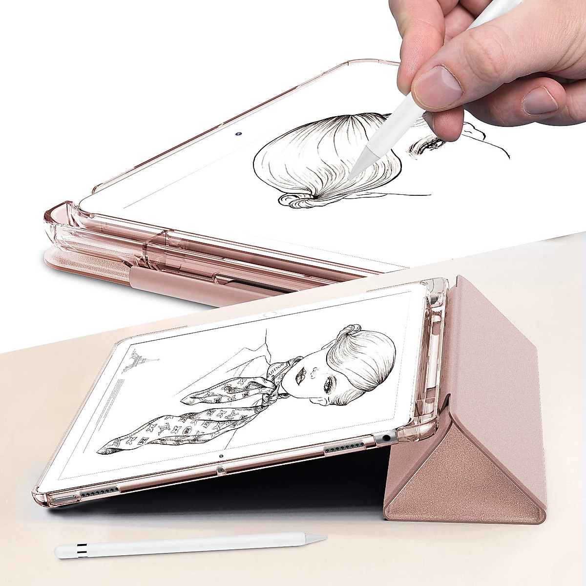 INFILAND Case Compatible with iPad Air 3rd Generation 2019 / iPad Pro 10.5 2017, Translucent Frosted Back Smart Cover Case with Pencil Holder,Rose Gold