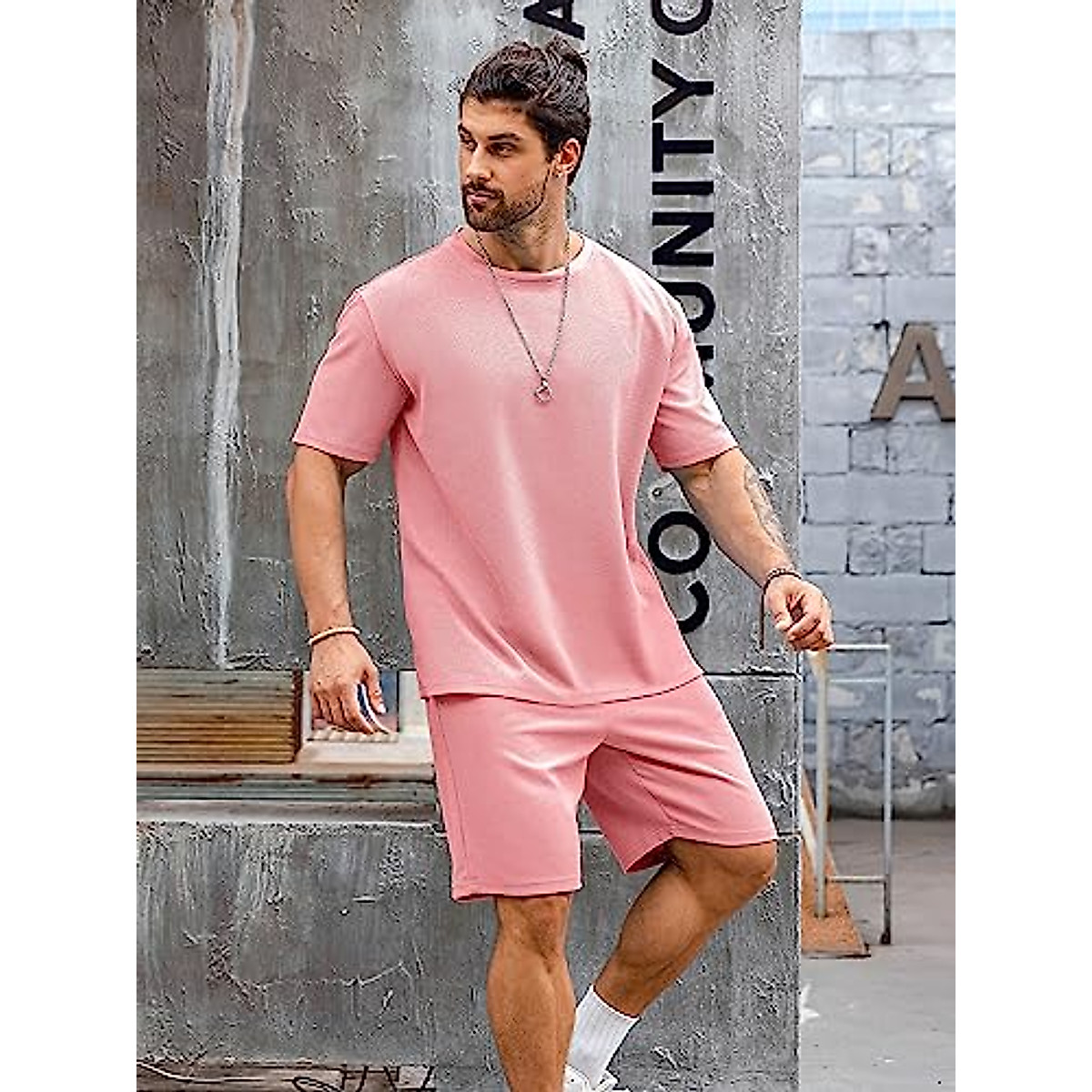 Babioboa Men's Sweatsuit Short Sleeve T Shirt Suit Summer Waffle Tee Short Sets Casual Daily Duty-off 2 pieces(Pink,S)