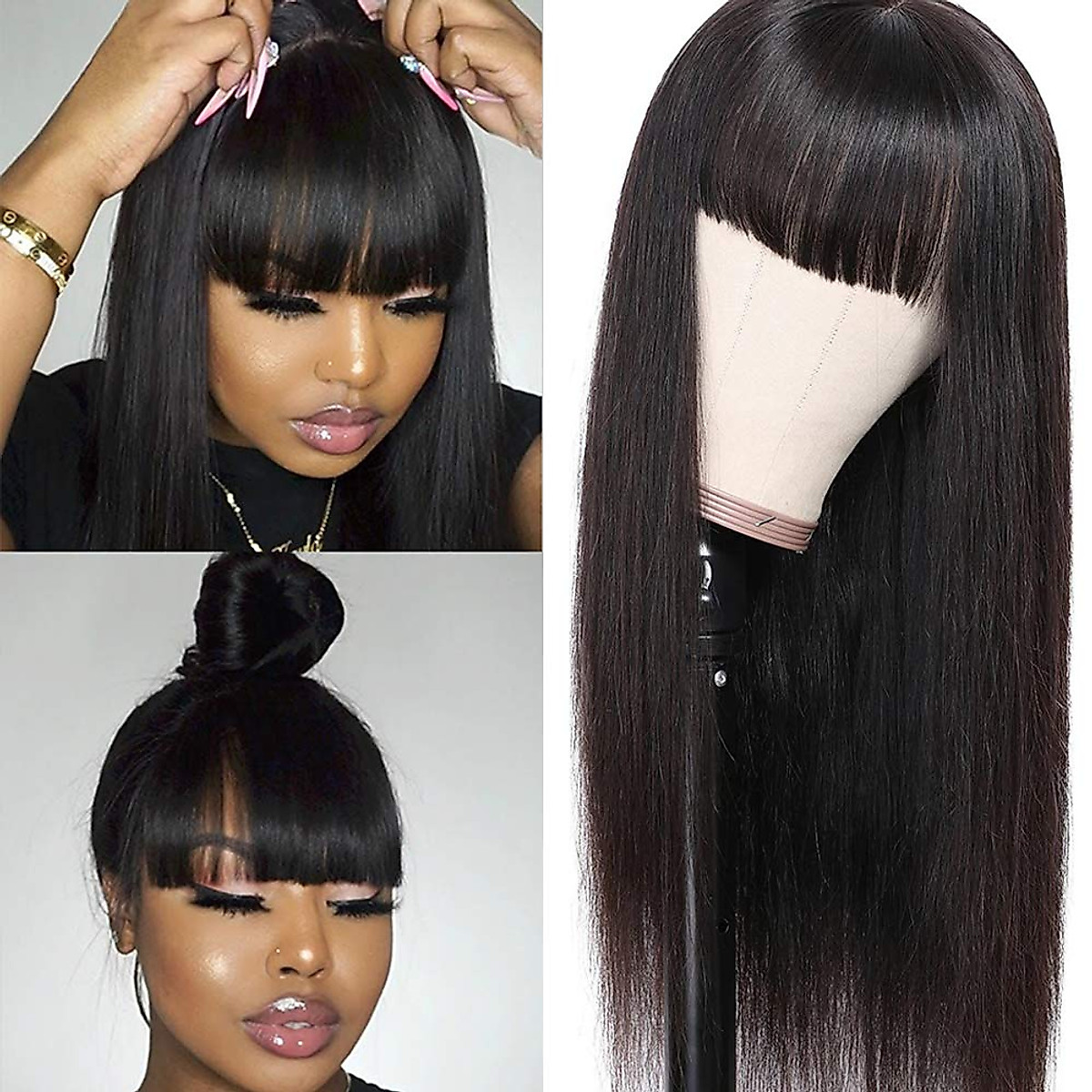 Lzlefho Silky Brazilian Virgin Straight Human Hair Wigs with Bangs 130% Density None Lace Front Wigs (Natural Black, 16inch)