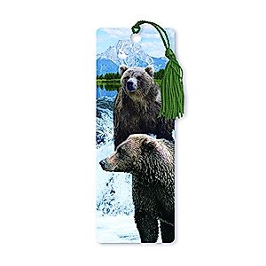 Dimension 9 3D Lenticular Bookmark with Tassel, Grizzly Bears Featuring Lake and Snowy Mountains (LBM068)