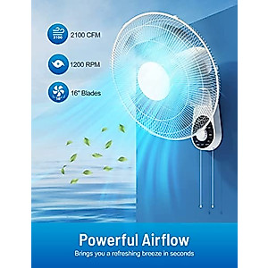 Mirdred Wall Mount Fans for Home Bedroom, 16 Inch 5 Blades 3 Speeds Wall Fans that Blow Cold Air, 90° Oscillating Quiet Cooling Fans for Indoors Kitchen Garage Office Sunshine Room
