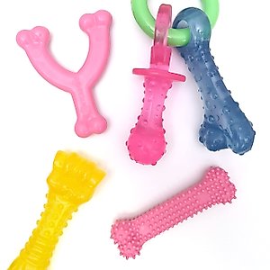 Nylabone New Puppy Chew Toy Bundle, Toys for Teething Puppies, Chicken & Bacon Flavors, Pink, X-Small - Up to 15 lbs, 4 Pack