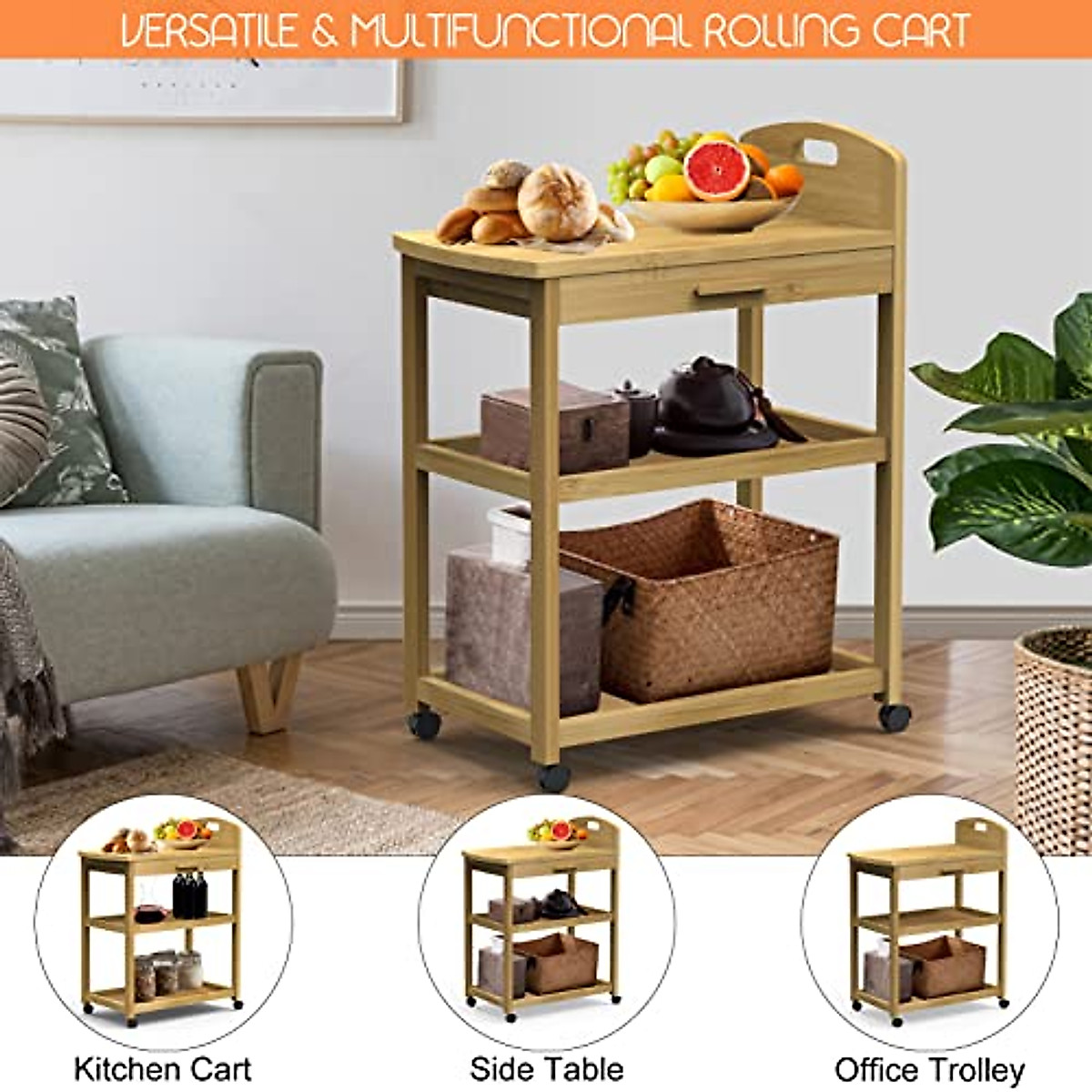 Purbambo Bamboo Kitchen Storage Cart, 3 Tier Rolling Cart, Mobile Utility Cart Trolley with Drawer and Lockable Casters for Home Kitchen