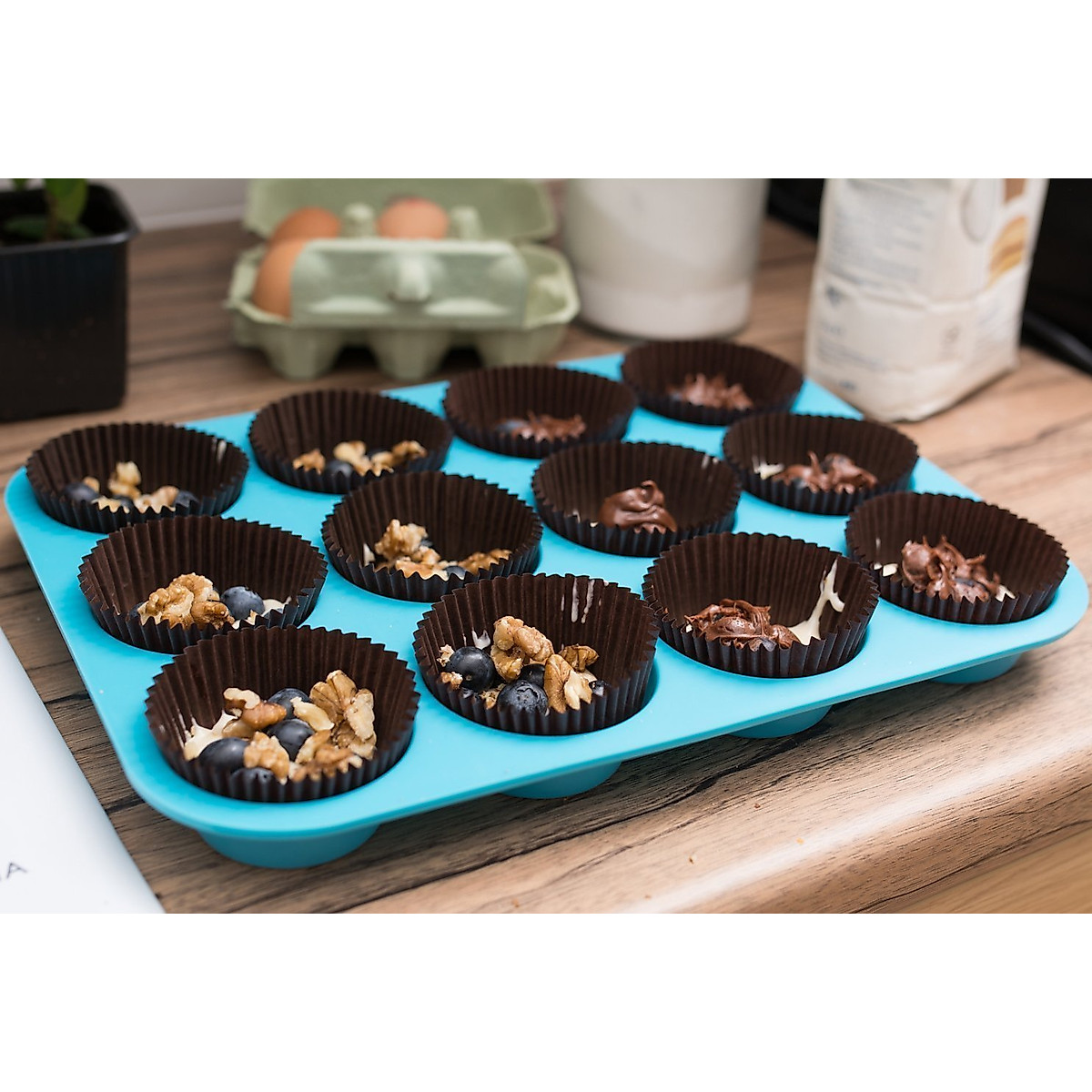 Amison Silicone Muffin Tray Cupcake Baking Pan 12 Cup, Non - Stick Silicone Mold, Dishwasher - Microwave Safe (Blue)