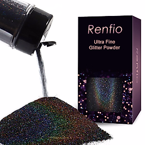 Renfio Holographic Ultra Fine Glitter Powder Metallic Resin Glitter PET Flakes Crafts Sequins 1/128" 0.008" 0.2mm Epoxy Chips Flakes for Tumblers Slime 1.75 Oz (50g) - Laser Black