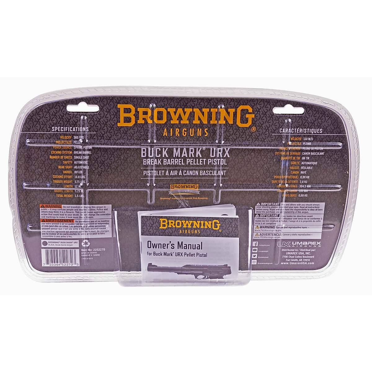 Umarex Browning Buck Mark URX Single Shot Break Barrel .177 Caliber Pellet Gun Air Pistol, Black