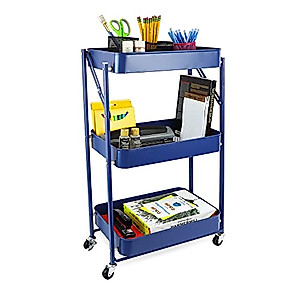 Isaac Jacobs 3-Tier Rolling Cart, Foldable Mobile Storage Organizer with Caster Wheels, Lightweight Multi-Purpose Metal Utility Cart for Office, Kitchen, Bathroom, Bedroom (Navy)