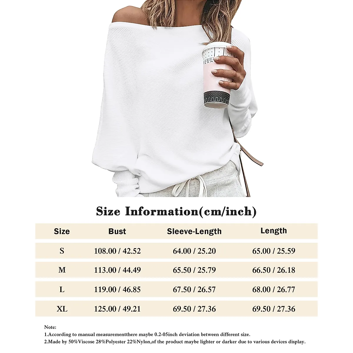 Zenlonr Women's Fall Sweaters 2025 Casual Long Batwing Sleeve Loose Off Shoulder Knit Pullovers Jumper Tops(White,Medium)