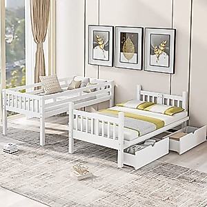 Merax Stairway Twin Over Full Bunk Bed with Staircase and Two Storage Drawers, Storage Bunk Bed with Convertible Down Bed can be Converted into Daybed, White