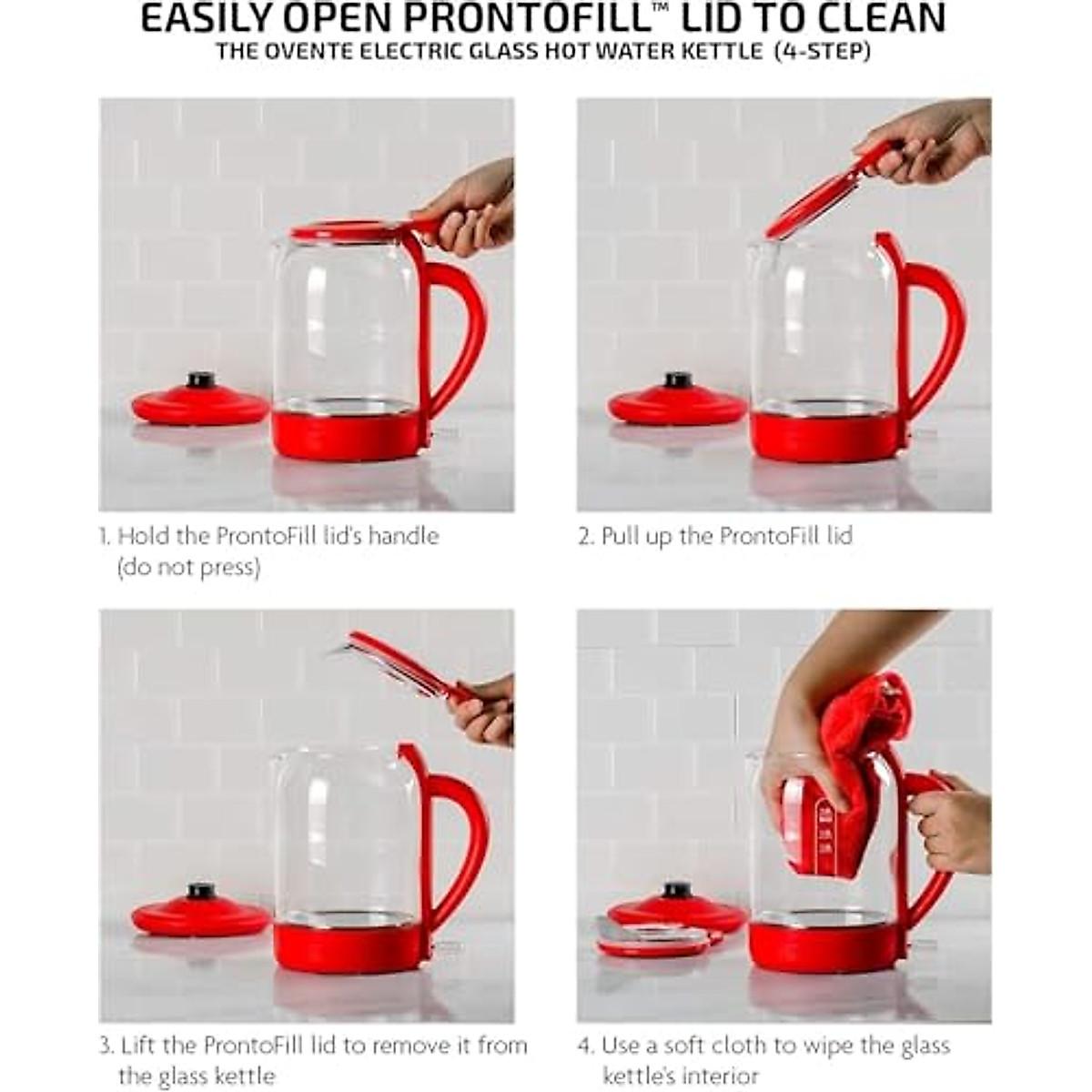 OVENTE Electric Glass Kettle 1.5 Liter 1500W Instant Hot Water Boiler Heater with ProntoFill Tech, Boil-Dry Protection, Automatic Shut Off, Fast Boiling for Tea & Coffee, Red KG516R