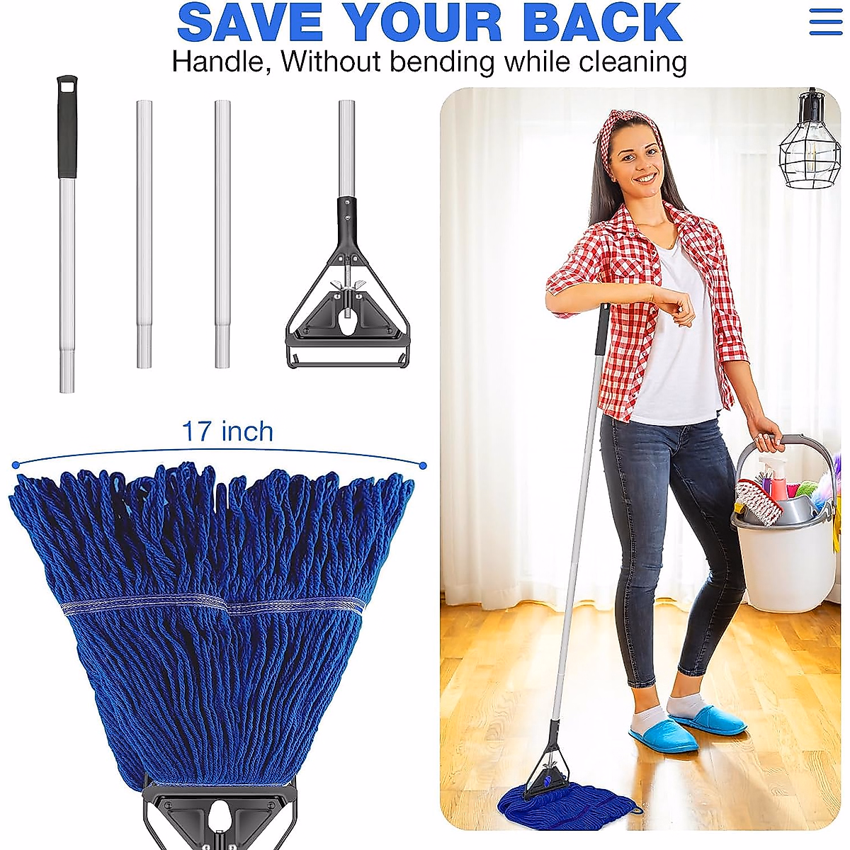 Heavy Duty Commercial Cotton Mop for Floor Cleaning, Looped-End Industrial String Wet Mop with Long Handle for Home,Garage,Office, Workshop, Warehouse-SOBONNE