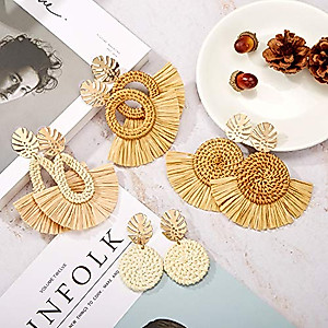meekoo 4 Pairs Rattan Earrings for Women Beach Essentials Tassel Dangle Boho Straw Earrings(Novel)