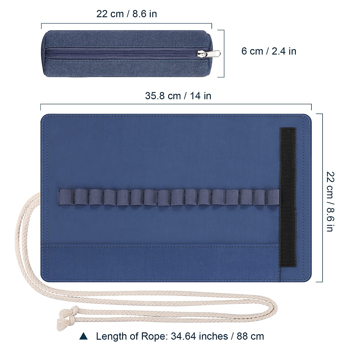 FINPAC Pencil Case, Large Capacity Roll-Up Pencil Pouch Wraps, Pen Pouch Stationery Storage Organizer, Office Stationery Supply, Navy