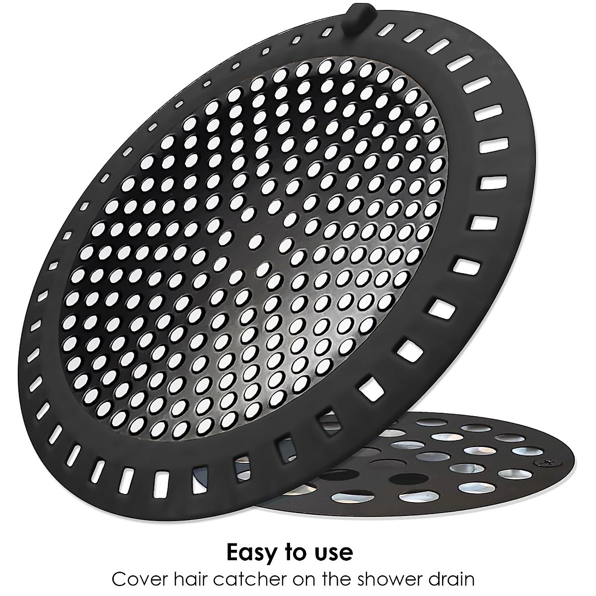 Seatery 2PCS Shower Hair Drain Catcher/Strainer/Cover/Filter/Trap, Bathtub Drain Strainer Hair Catcher, Hair Stopper for Bathroom Sink/Floor Drain, Stainless Steel and Silicone Drain Protector, Black