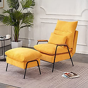 MCombo Modern Accent Recliner with Ottoman, Linen Fabric Armchair with Adjustable Backrest, Single Sofa Chair for Living Room Bedroom 4055 (Yellow)