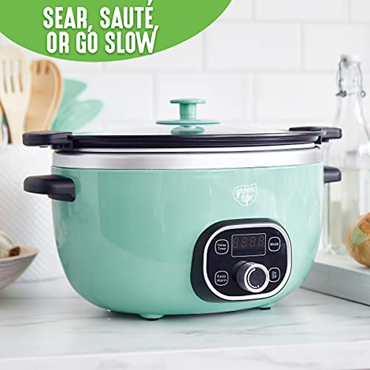GreenLife Cook Duo Healthy Ceramic Nonstick 6QT Slow Cooker, PFAS-Free, Digital Timer, Dishwasher Safe Parts, Turquoise