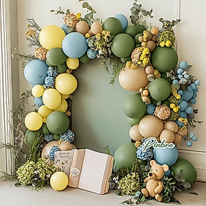 Blue Yellow Green Balloon Garland Double Stuffed Dusty Blue Sage Green Brown Balloon Arch Kit Olive Apricot Nude Metallic Gold Latex Balloons For Birthday Bridal Baby Shower Wild One Party Deocration