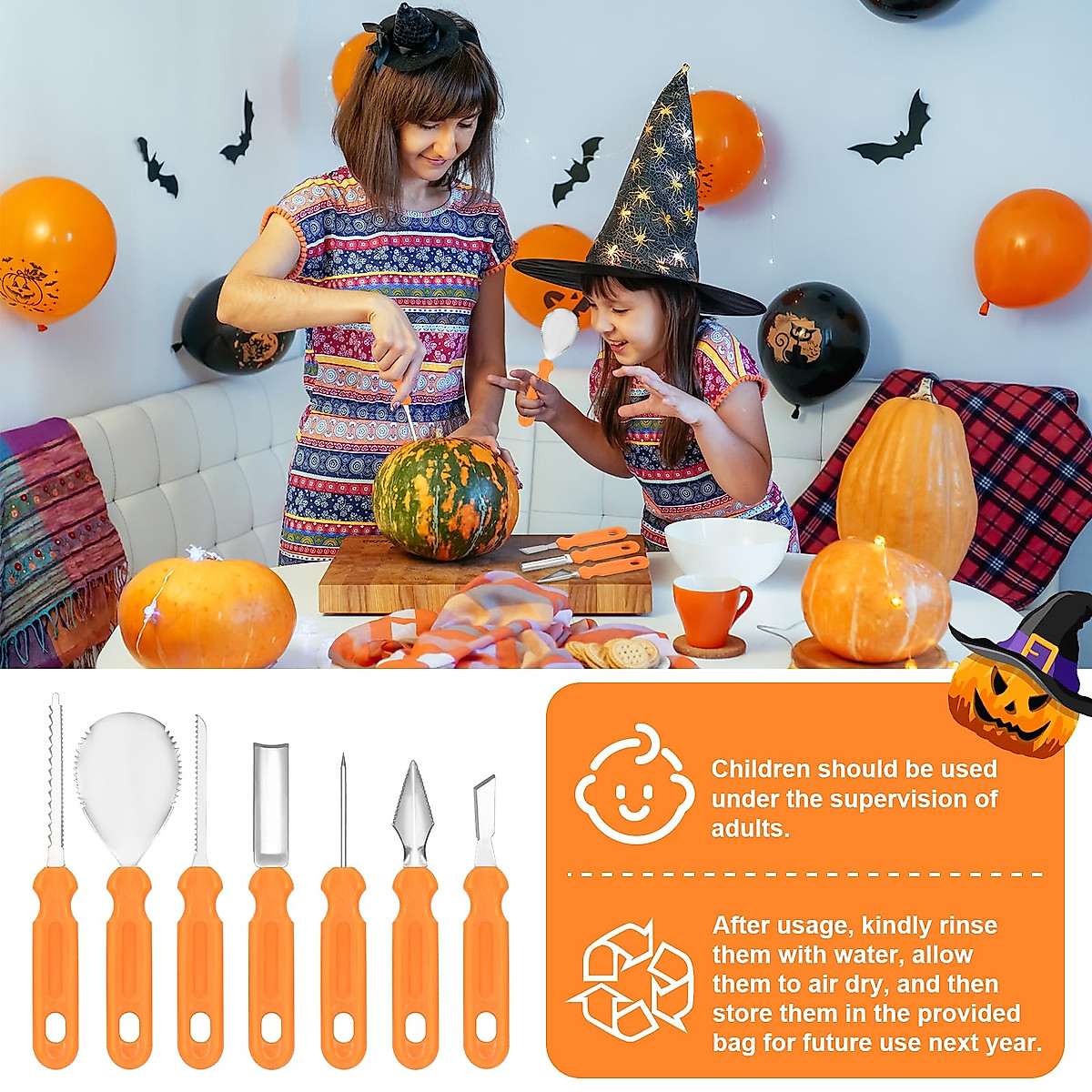 Pedenty 7 Pieces Halloween Pumpkin Carving Kit - Heavy Duty Stainless Steel Carving Tools Set Sculpting Scoop Knives for Halloween Decorations Jack-O-Lanterns