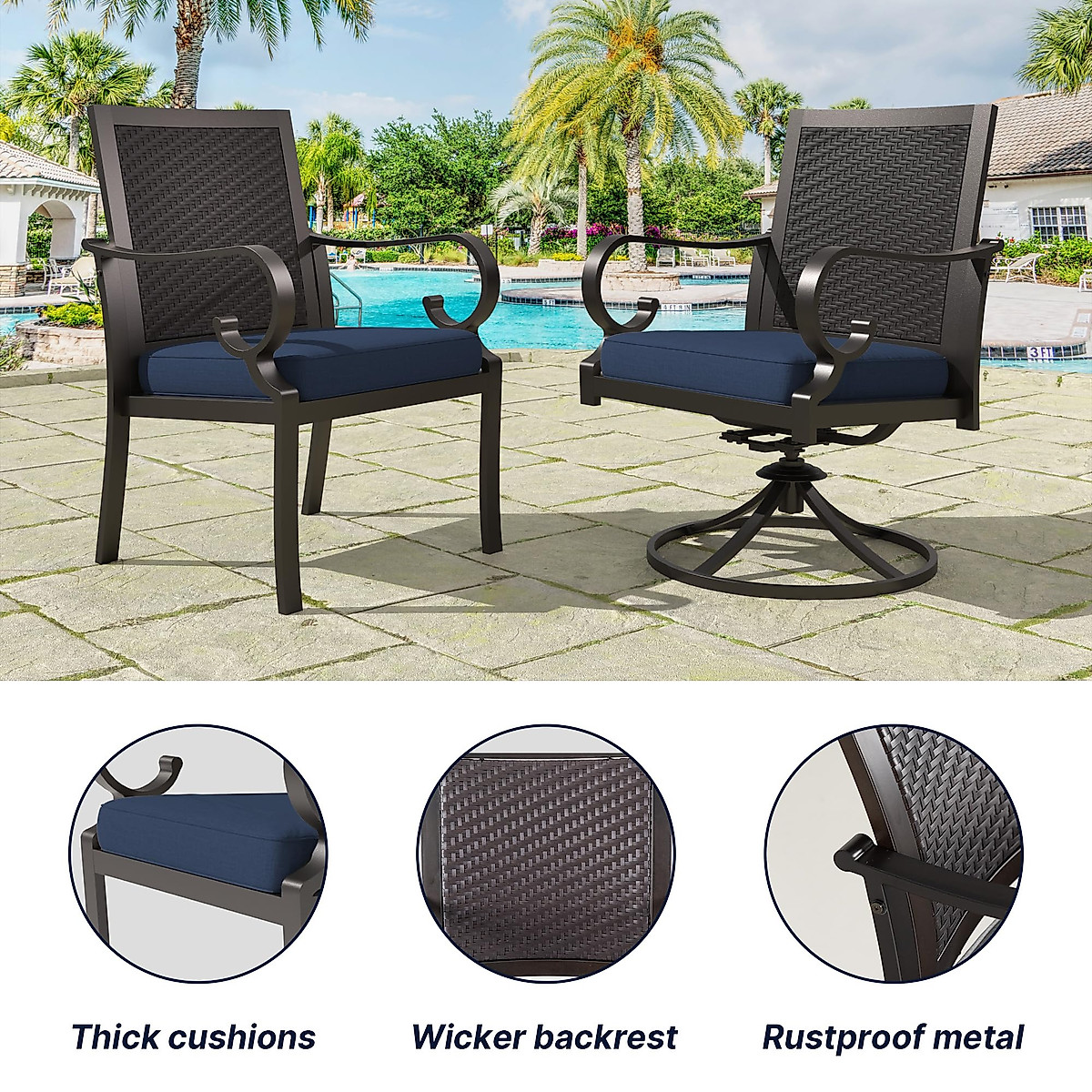 RTDTD 13 Pieces Outdoor Dining Set Patio Dining Table and Chairs Set Outdoor Furniture Set with 3 Square Metal Dining Tables with Umbrella Hole，10 Wicker Patio Chairs with Dark Blue Cushions