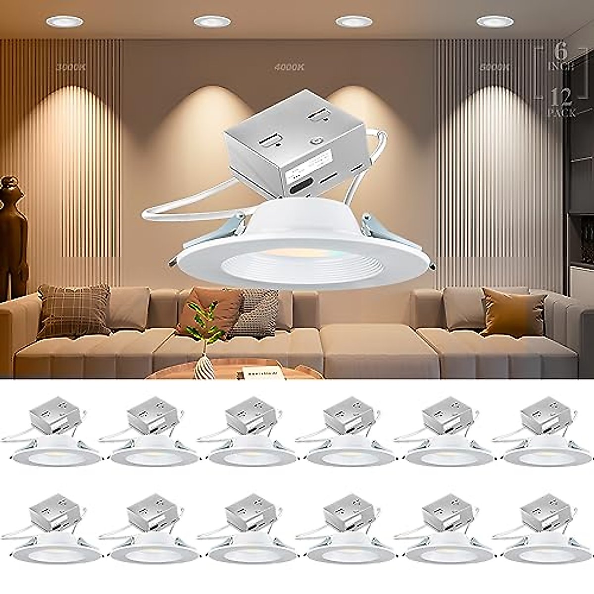 Lightdot Ceiling Light Fixture, Retrofit LED Recessed Lighting 6 inch, Downlight with Baffle Trim, Canless with Junction Box-10Pack